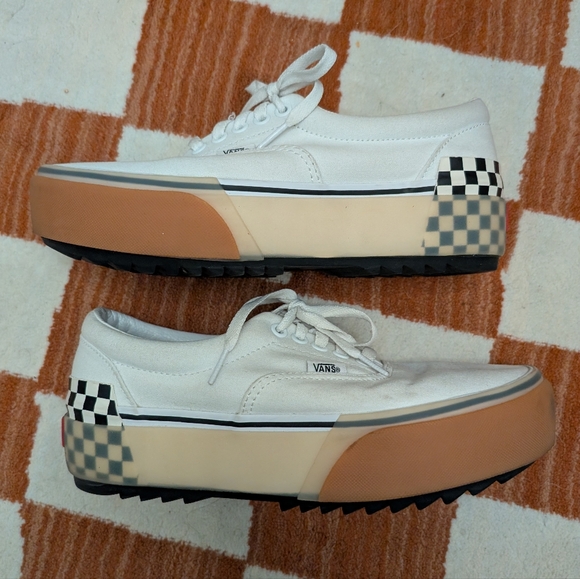 Vans | Shoes | Vans White Platform Sneakers With Checkered Heel | Poshmark